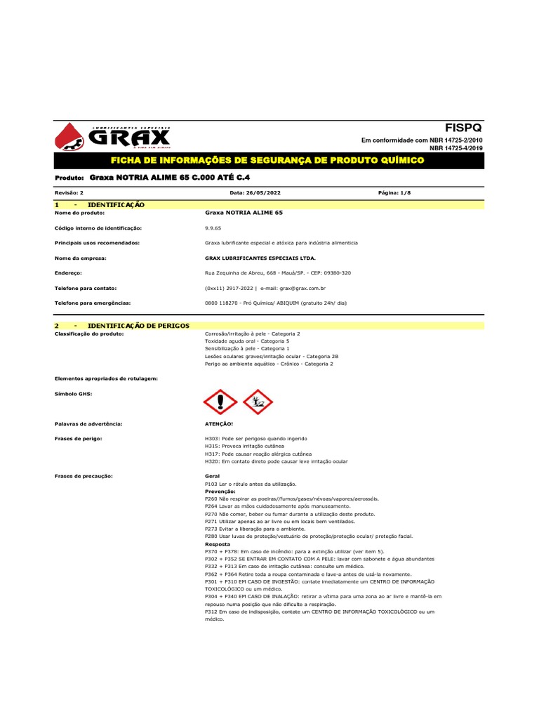 FISPQ Da GRAX - NOTRIA ALIME 65 | PDF | Embalagem e rotulagem | Combustão