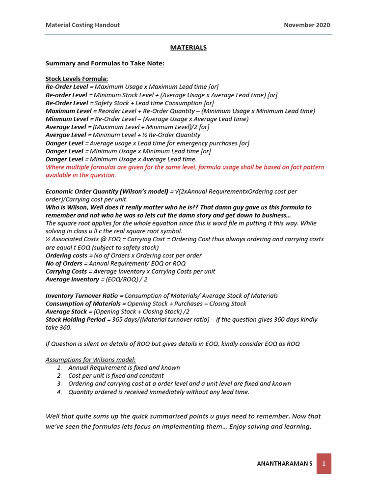 MATERIALS Costing Handouts Final | Download Free PDF | Inventory | Value Added Tax