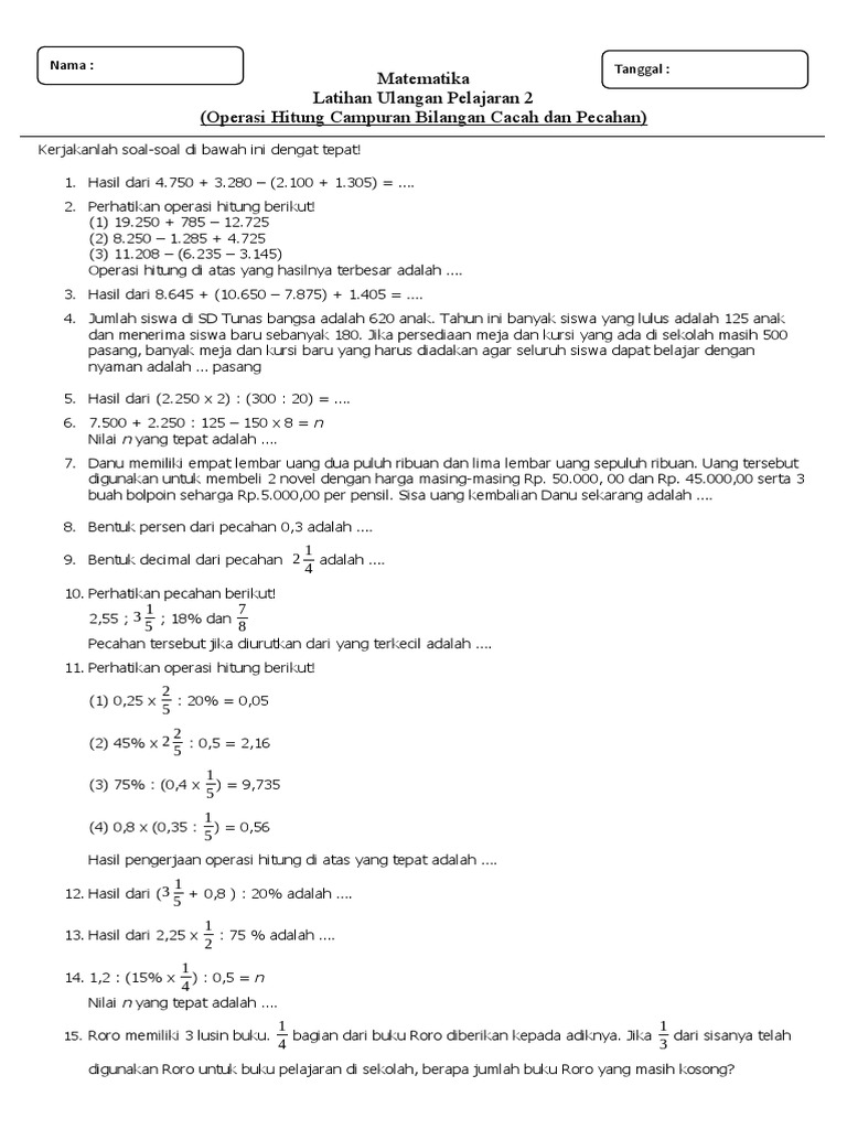Latihan Soal - Operasi Hitung Bilangan Cacah Dan Pecahan | PDF