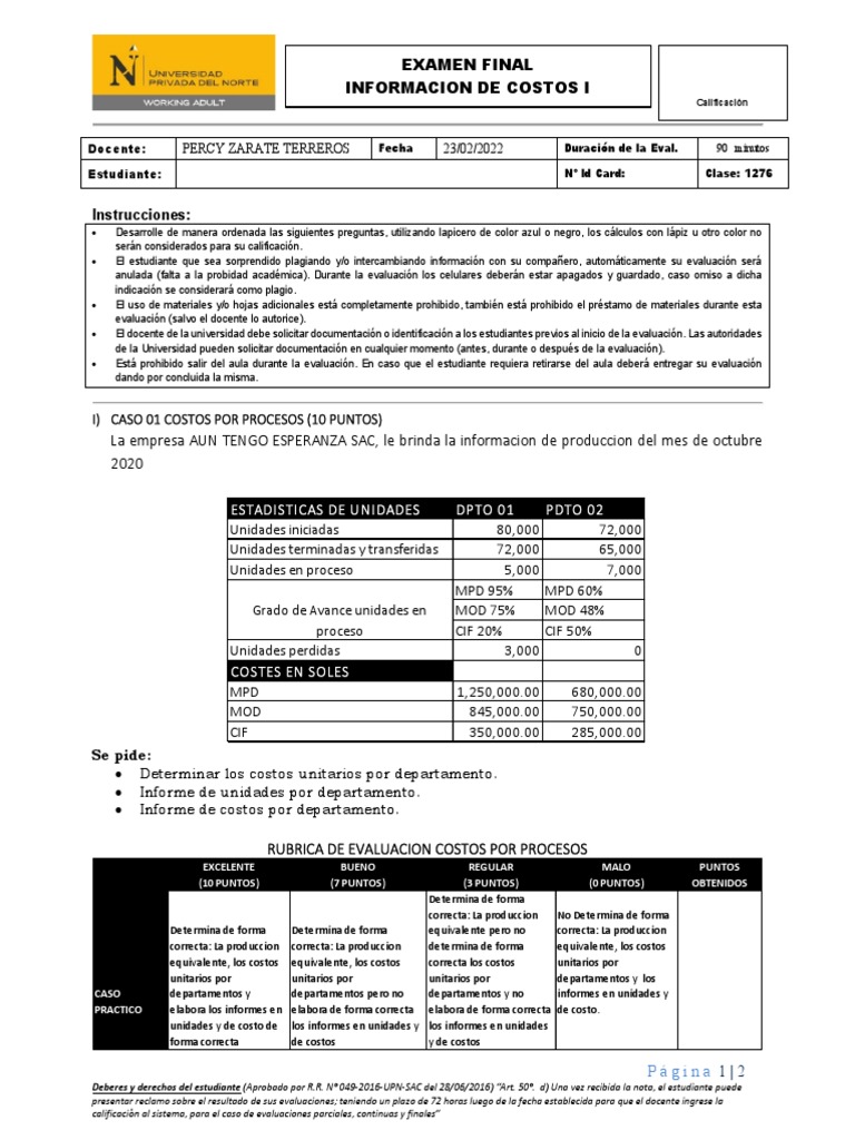 NRC 1276 Informacion de Costos I Examen Final Percy Zarate Terreros | Descargar gratis PDF ...