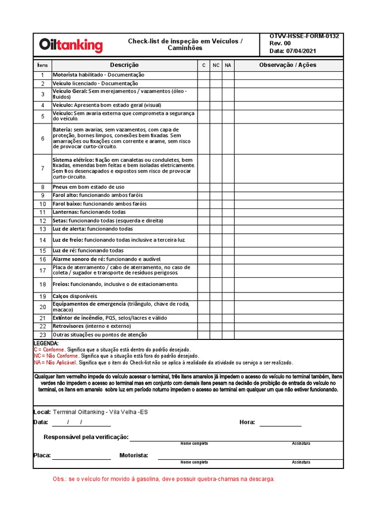 Checklist de Inspeção em Veículos - Caminhão | PDF | Farol
