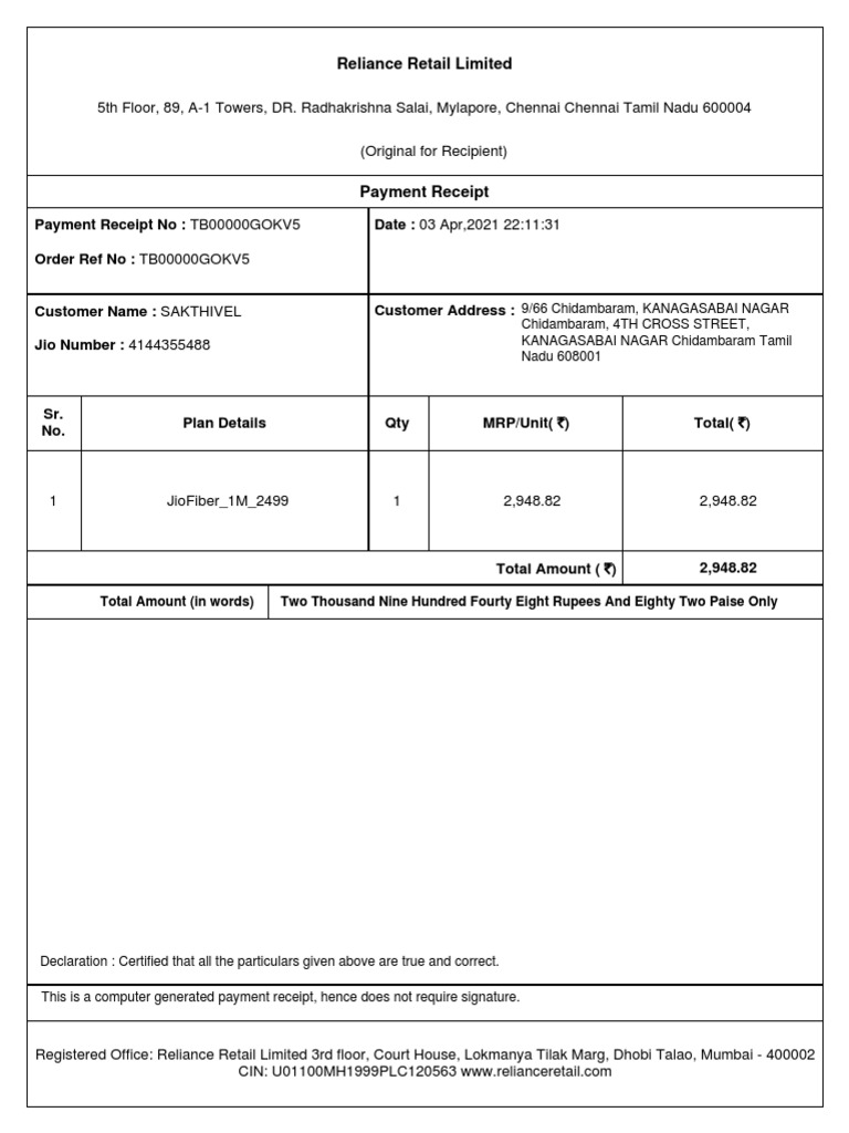Reliance Retail Limited: Payment Receipt No: TB00000GOKV5 Order Ref No ...