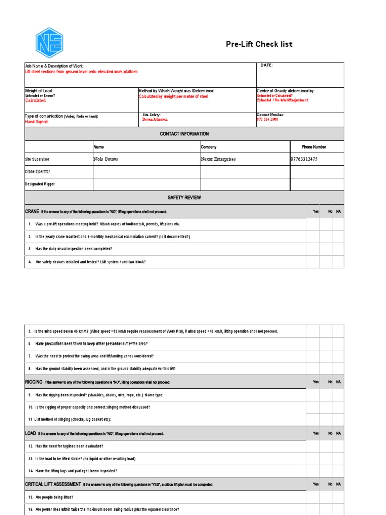 3-Pre-Lift Checklist Rev A 06302015 | Download Free PDF | Crane ...