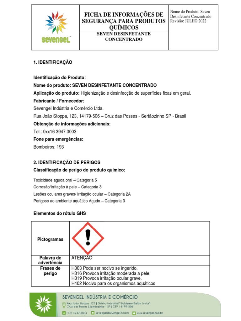 FISPQ - Seven Desinfetante Concentrado - Rev. | PDF | Embalagem e ...