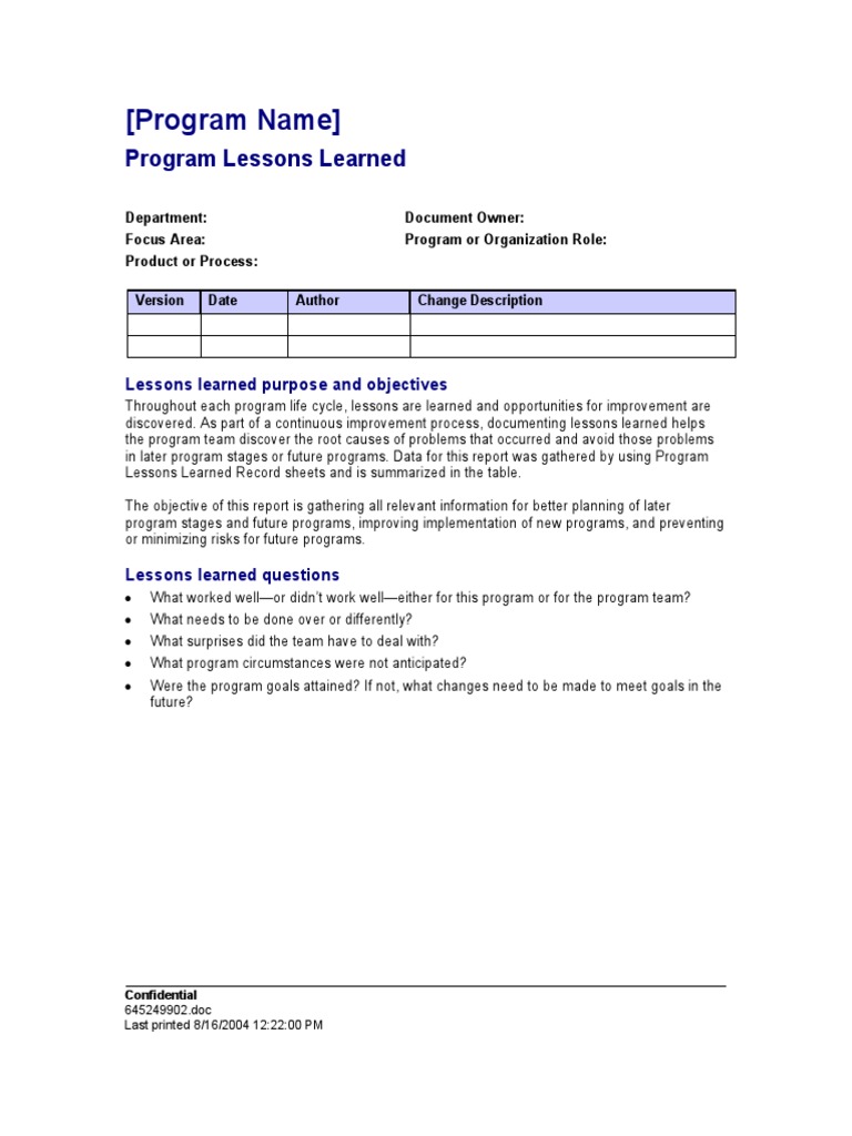 Lessons Learned Template 10 | PDF