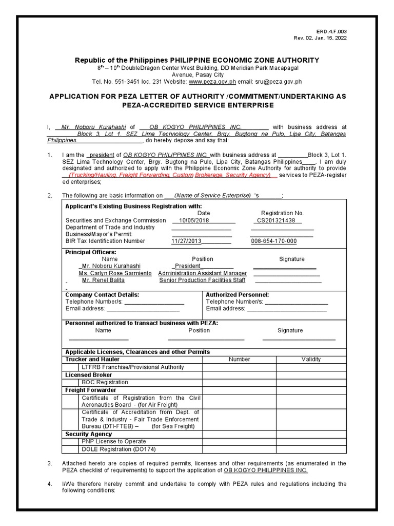 OB Kogyo PEZA Application Document | PDF | Cost Of Living | Franchising