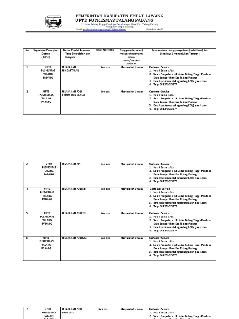 Data Pelayanan Publik PKM Talang Padang | PDF