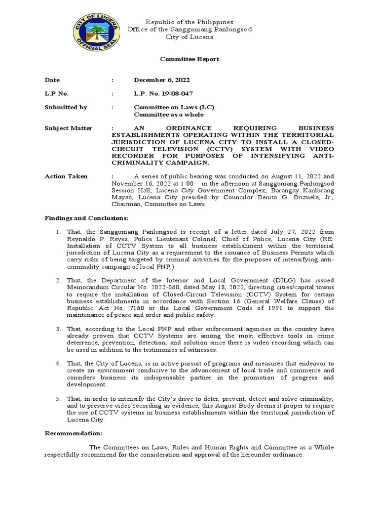 CR CCTV System Ordinance 2022 | PDF | Closed Circuit Television | Video