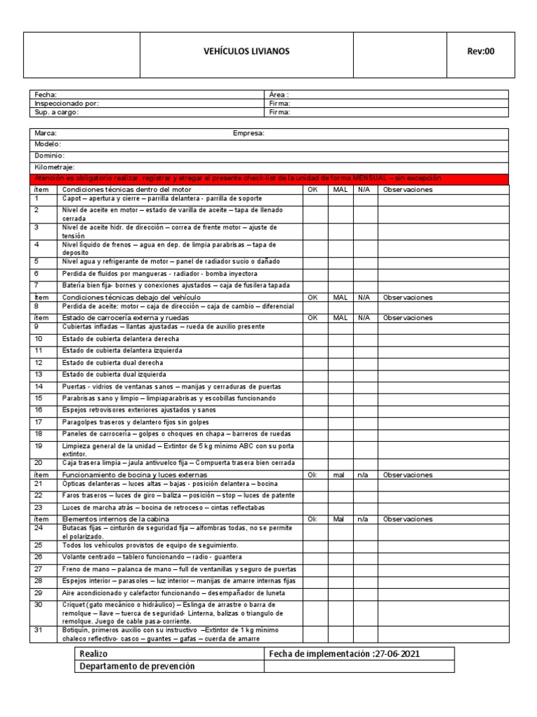 Check List - Vehiculos Livianos (Camionetas) | PDF