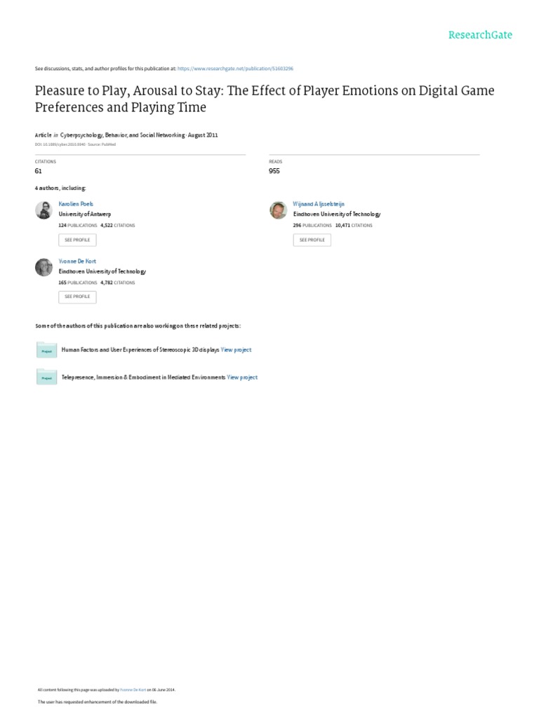 Pleasure To Play, Arousal To Stay The Effect of Player Emotions On Digital Game Preferences and ...