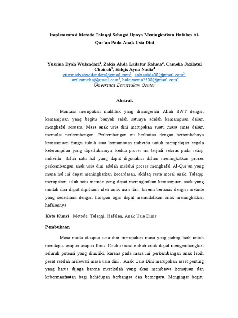 Implementasi Metode Talaqqi Sebagai Upaya Meningkatkan Hafalan Al-Qur'an Pada Anak Usia Dini ...