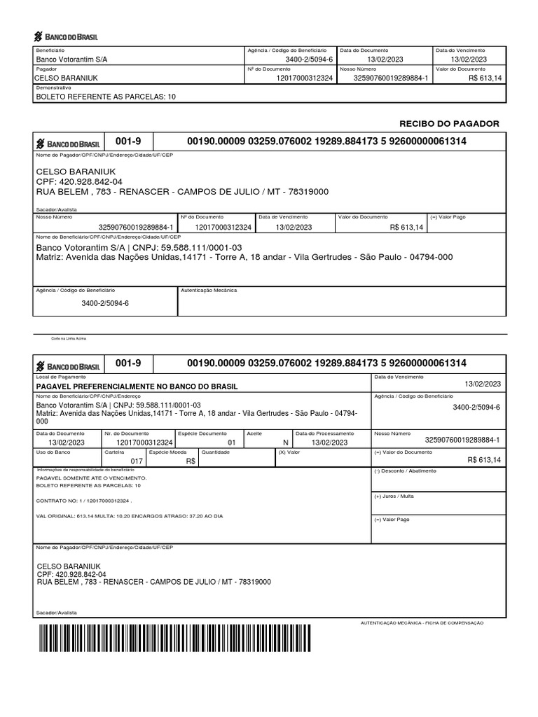 Boleto Banco BV 12017000312324 13-02-2023 | PDF | Brasil | Pagamentos