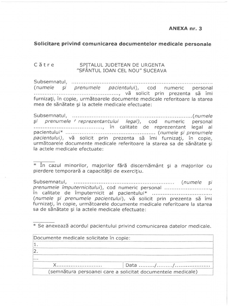 ANEXA nr.3 Solicitare Privind Comunicarea Documentelor Medicale ...
