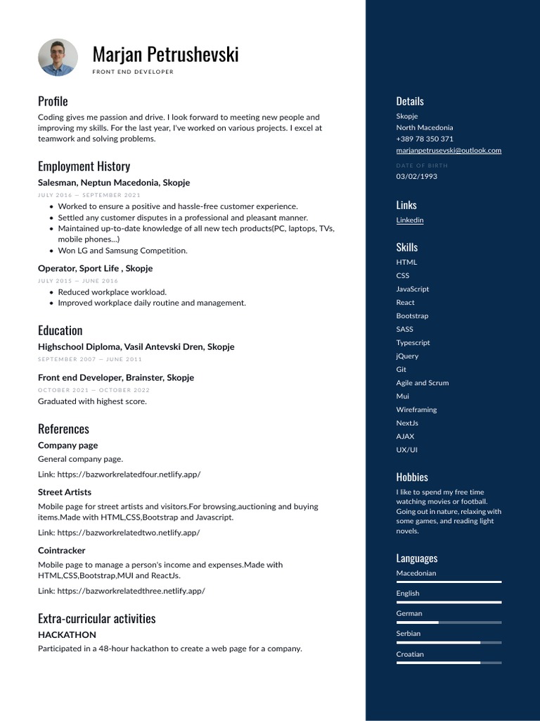Marjan Petrushevski - Front End Developer | PDF | Bootstrap (Front End Framework) | Web Software