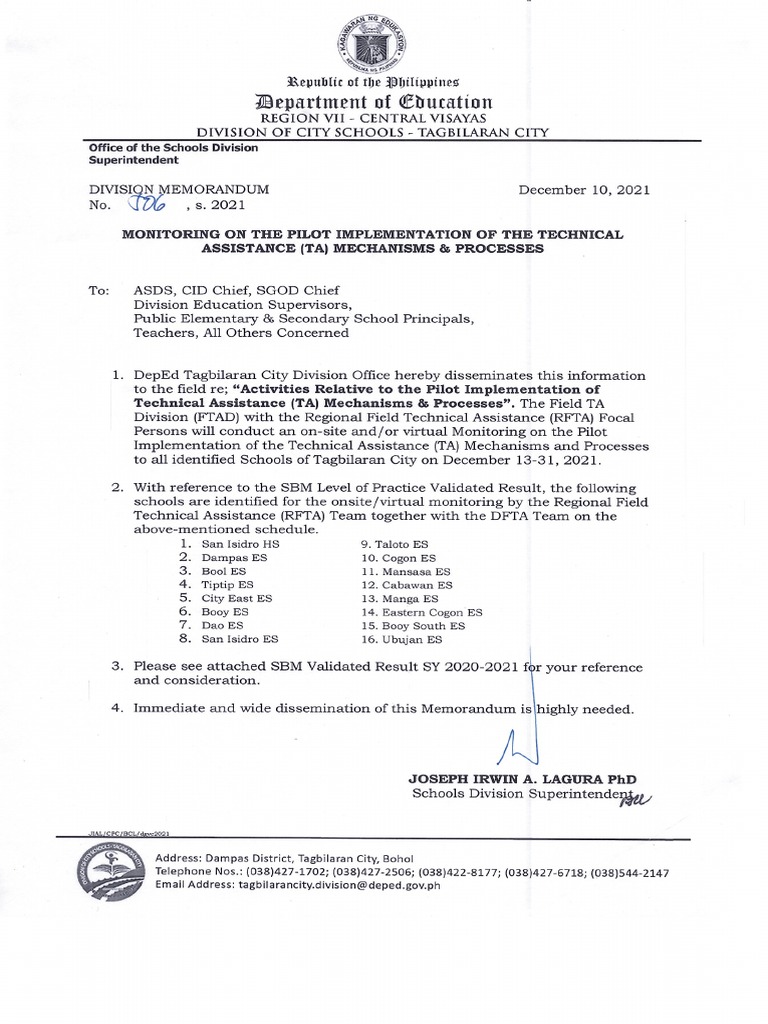 DM No 506 S 2021 MONITORING ON THE PILOT IMPLEMENTATION OF THE TECHNICAL ASSISTANCE TA ...