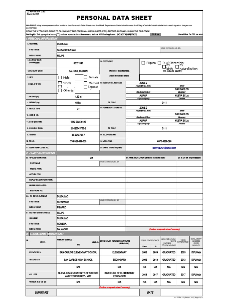 CS Form No. 212 Personal Data Sheet Revised | PDF | Teachers | Government