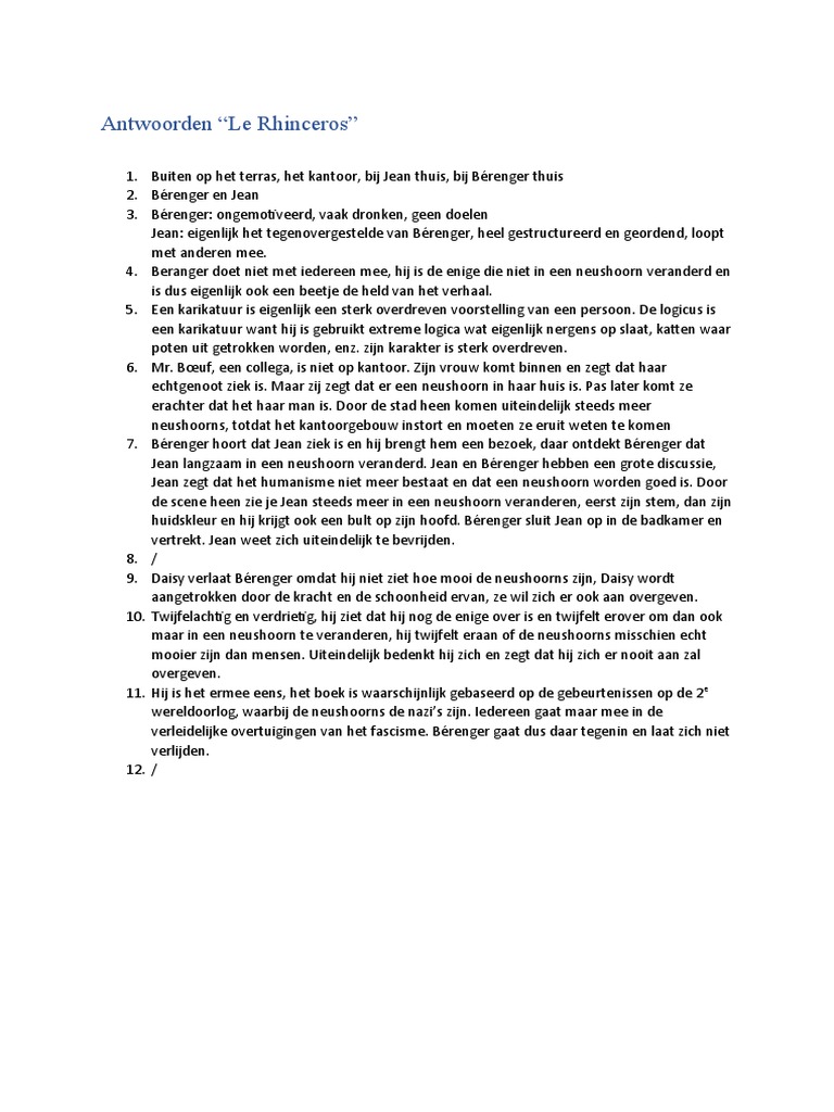 Antwoorden Le Rhinoceros | PDF