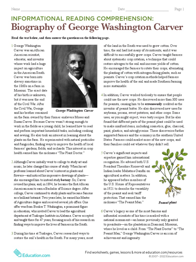 Informational Reading Comprehension Biography of George Washington ...