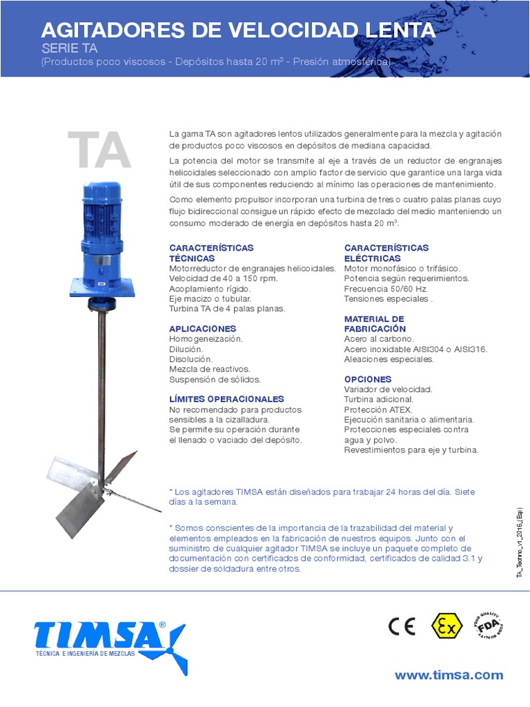 Agitadores Lentos Serie TA de TIMSA | PDF | Engranaje | Motores