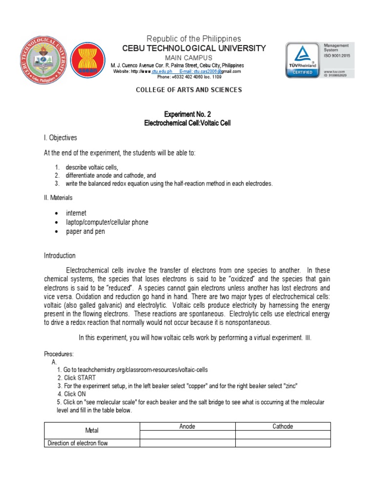 Experiment No. 2 (Electrochemical Cell Voltaic Cell) | PDF