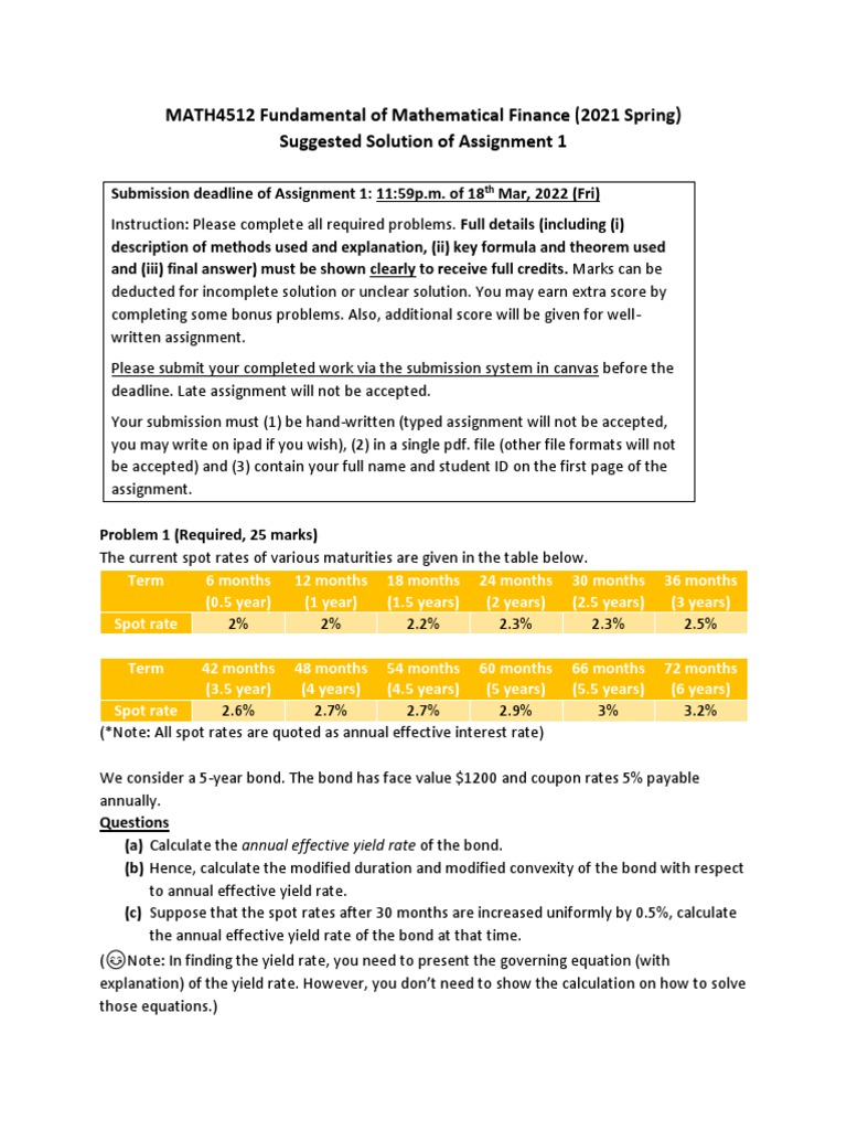Math Finance Assignment Solutions | PDF | Bond Duration | Bonds (Finance)