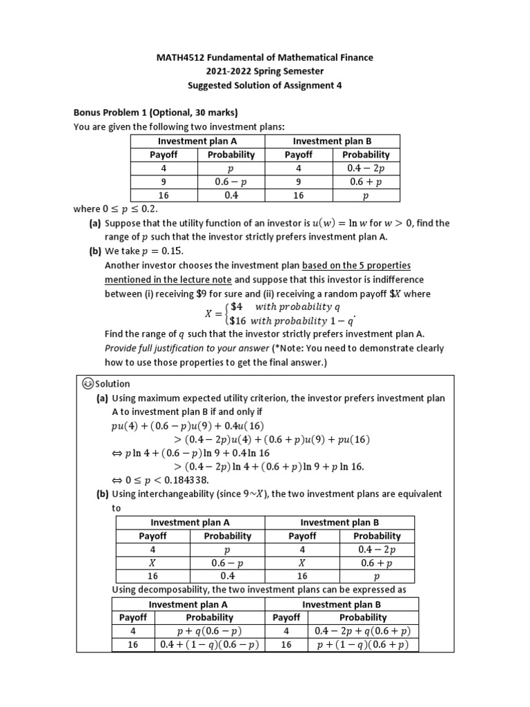 Mathematical Finance Assignment Solutions | PDF | Utility | Investing