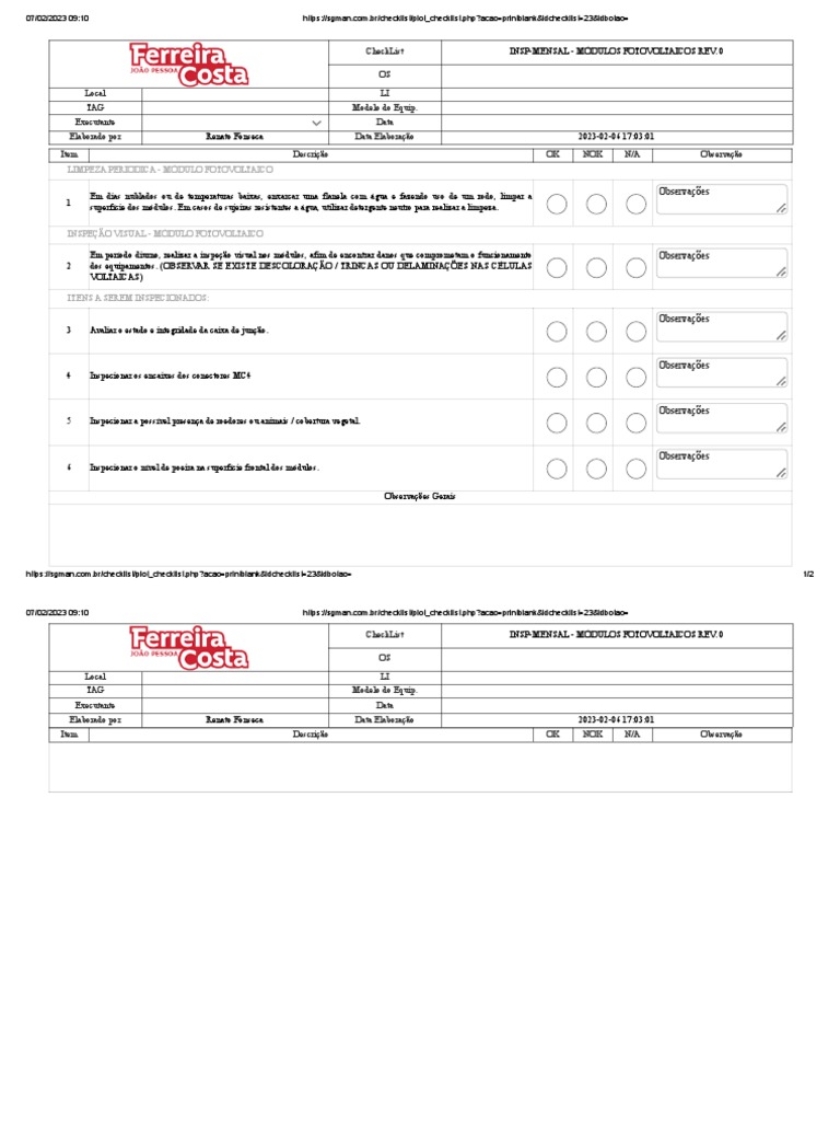 CHECK LIST - PLANO DE INSPEÇÃO MENSAL - UFV | PDF