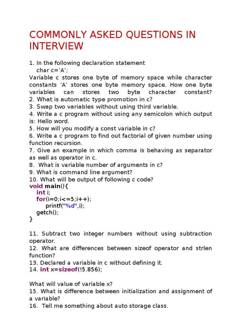 Commonly Asked Questions in Interview | Download Free PDF | Pointer ...