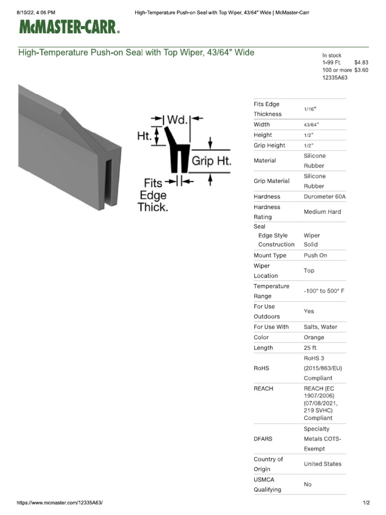 High-Temperature Push-On Seal With Top Wiper, 43 - 64 - Wide - McMaster ...