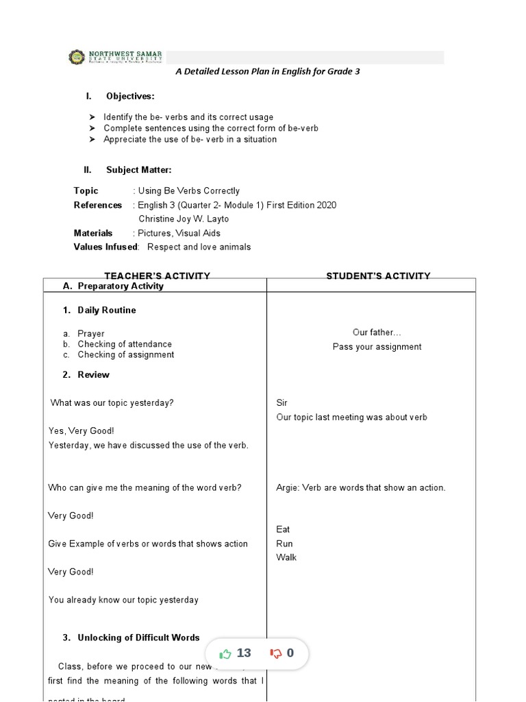 Grade 3 Lesson Plan: Be Verbs Usage | PDF | Subject (Grammar) | Verb