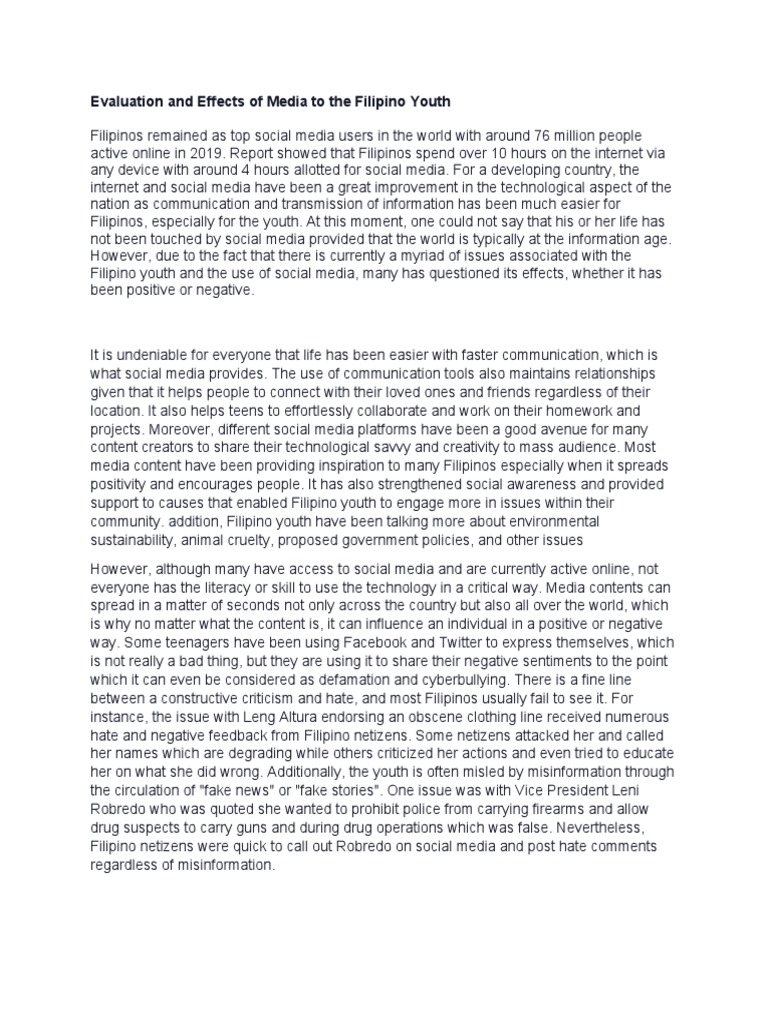 Evaluation and Effects of Media To The Filipino Youth | PDF | Social ...