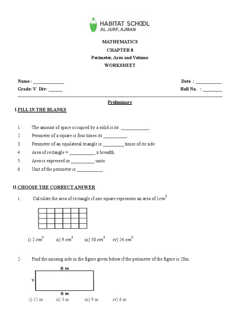 Class 5 Perimeter, Area, and Volume Worksheet | PDF | Area | Length