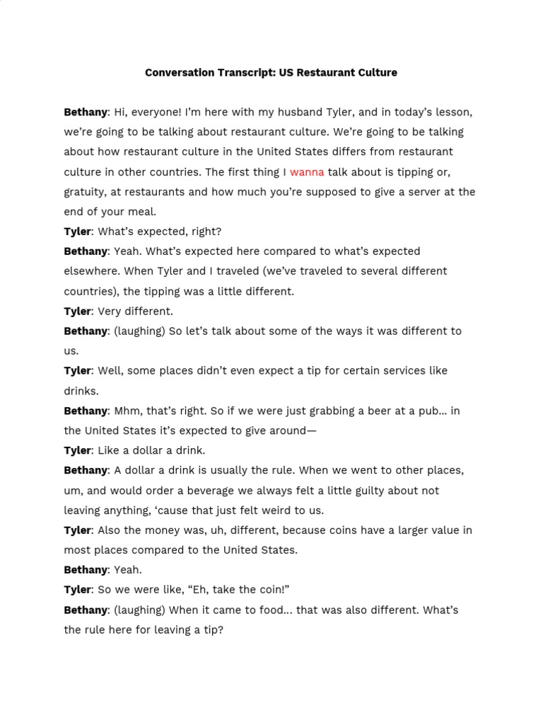 2 - Conversation-Transcript-American-Restaurant-Culture | PDF | Waiting ...
