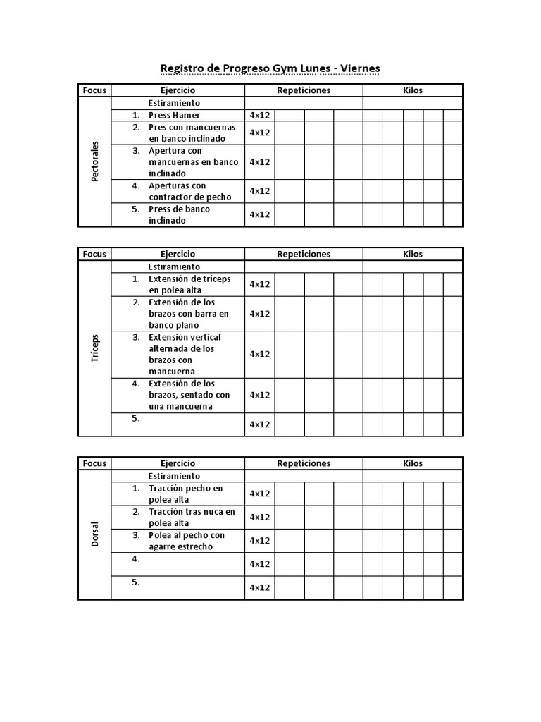 Registro de Progreso Gym | PDF | Entrenamiento de fuerza | Ejercicio físico