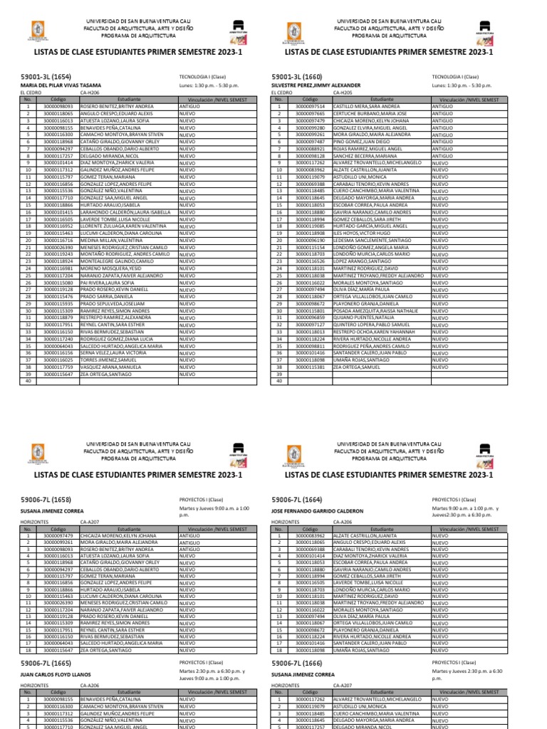 Listas Clase Provis Estudiantes Primer Semestre | PDF