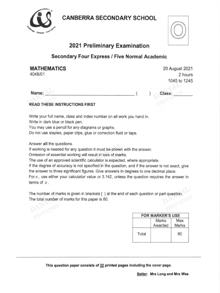 BP-174 CANBERRA SECONDARY SCHOOL 2021 Preliminary Examination Mathematics | PDF | Area ...