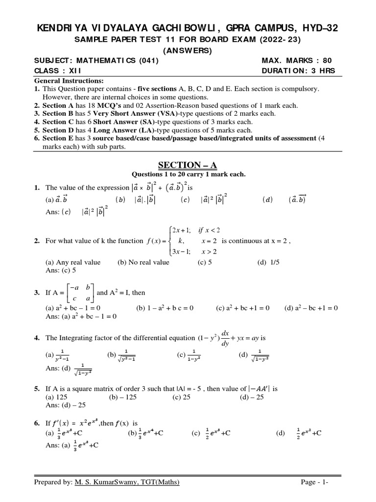 Maths Class Xii Sample Paper Test 11 For Board Exam 2023 Answers | PDF ...