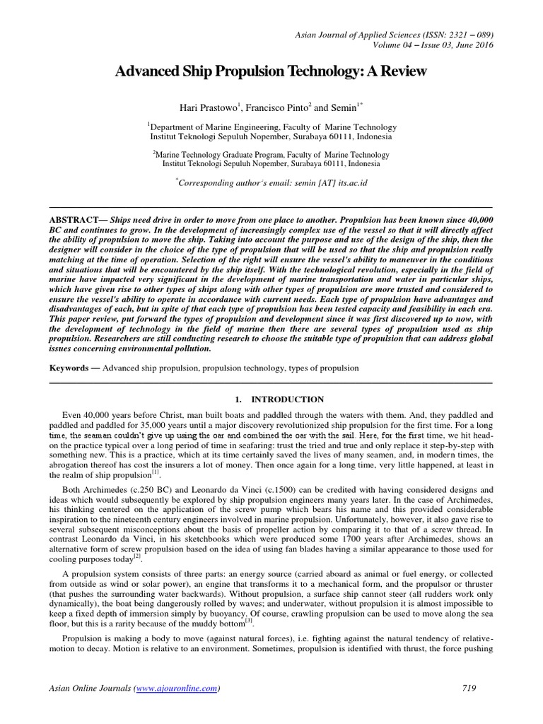 Advanced Ship Propulsion Technology: A Review: Hari Prastowo, Francisco ...