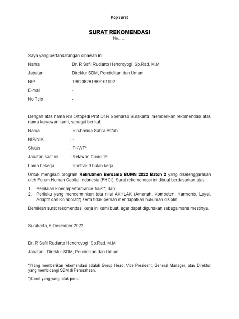 Template Surat Rekomendasi | PDF