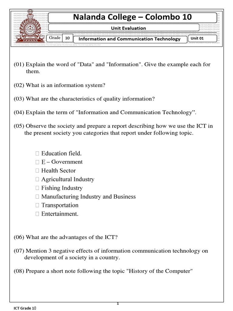 Grade 10 - Unit 01 | PDF | Information Technology | Information