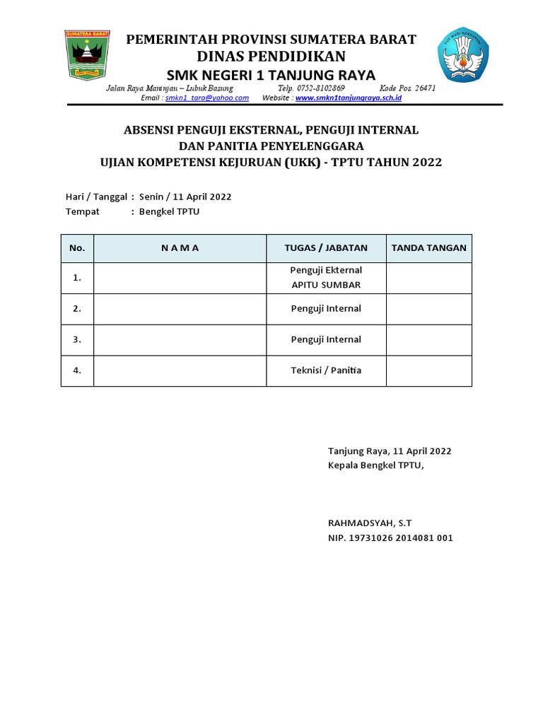Absensi UKK TPTU SMK Negeri 1 2022 | PDF
