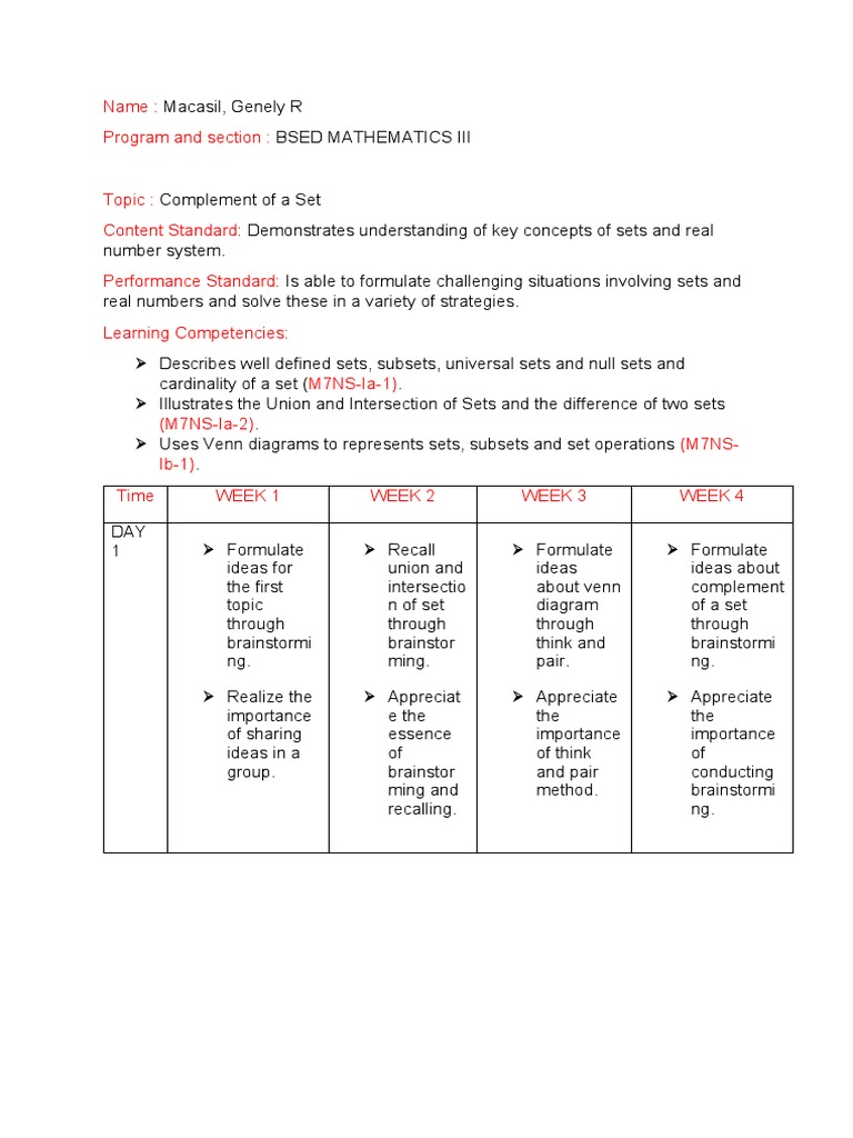 Learning Plan For TTL2 | PDF | Set (Mathematics) | Mathematics