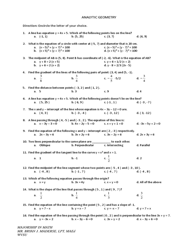 Analytic Geometry Pdf Line Geometry Tangent
