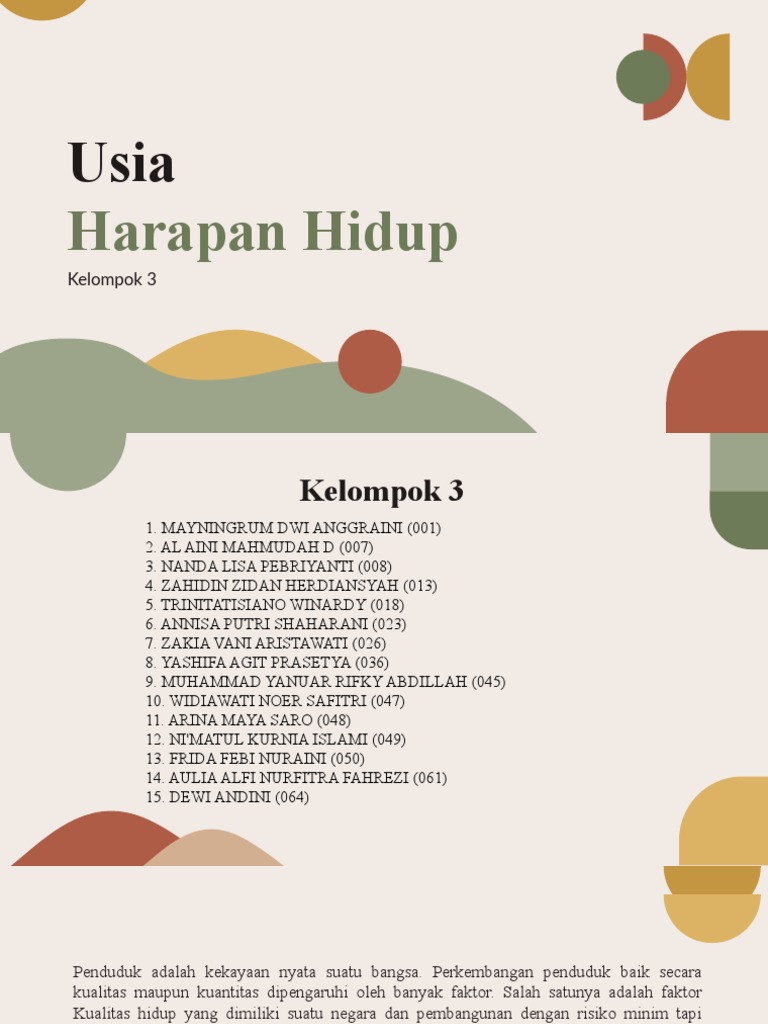 Usia Harapan Hidup PPT Ikm Kel 3 | PDF | Pengembangan Diri | Kesehatan Holistik