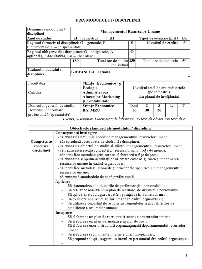 Fisa Disciplinei MRU | PDF