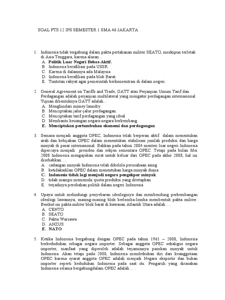 Latihan Soal Pas 12 Ips Semester 1 Sma 46 Jakarta | PDF