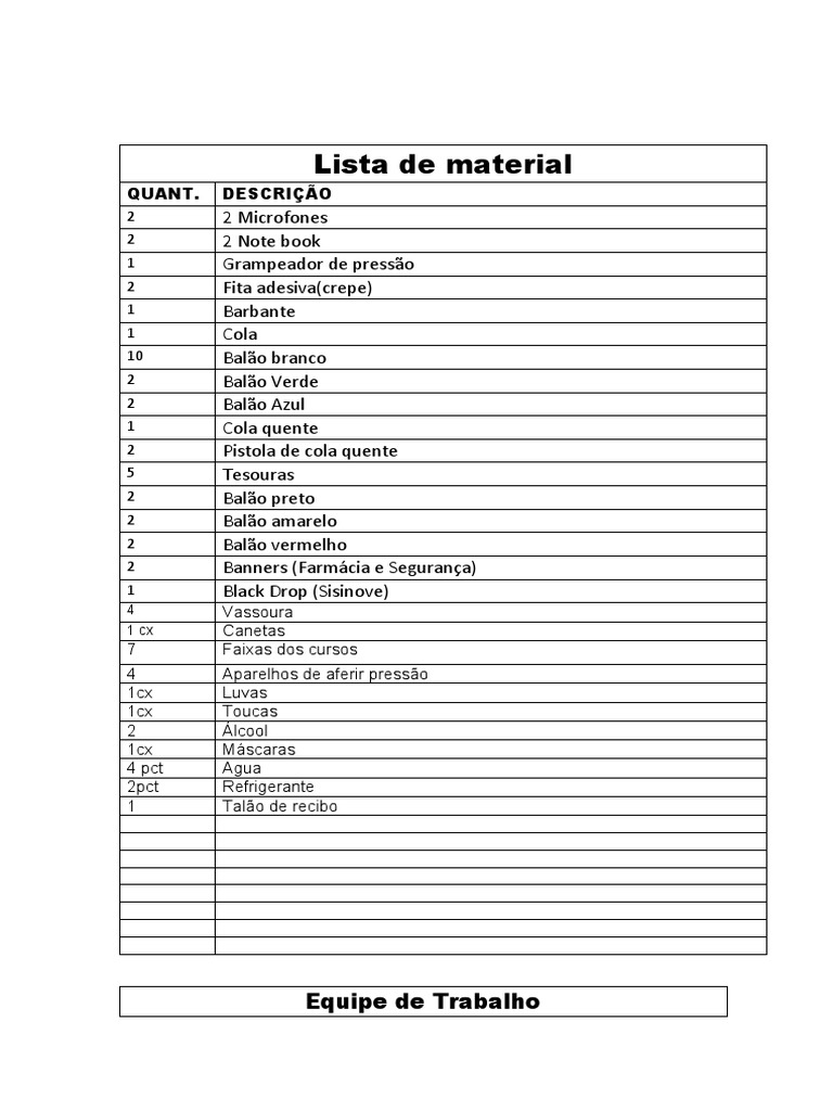 Lista de Material | PDF