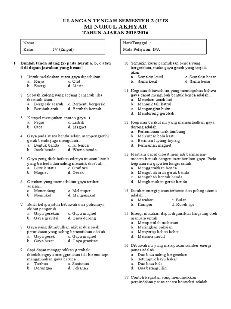Soal IPA Kelas IV MI Nurul Akyar 2016rio | PDF