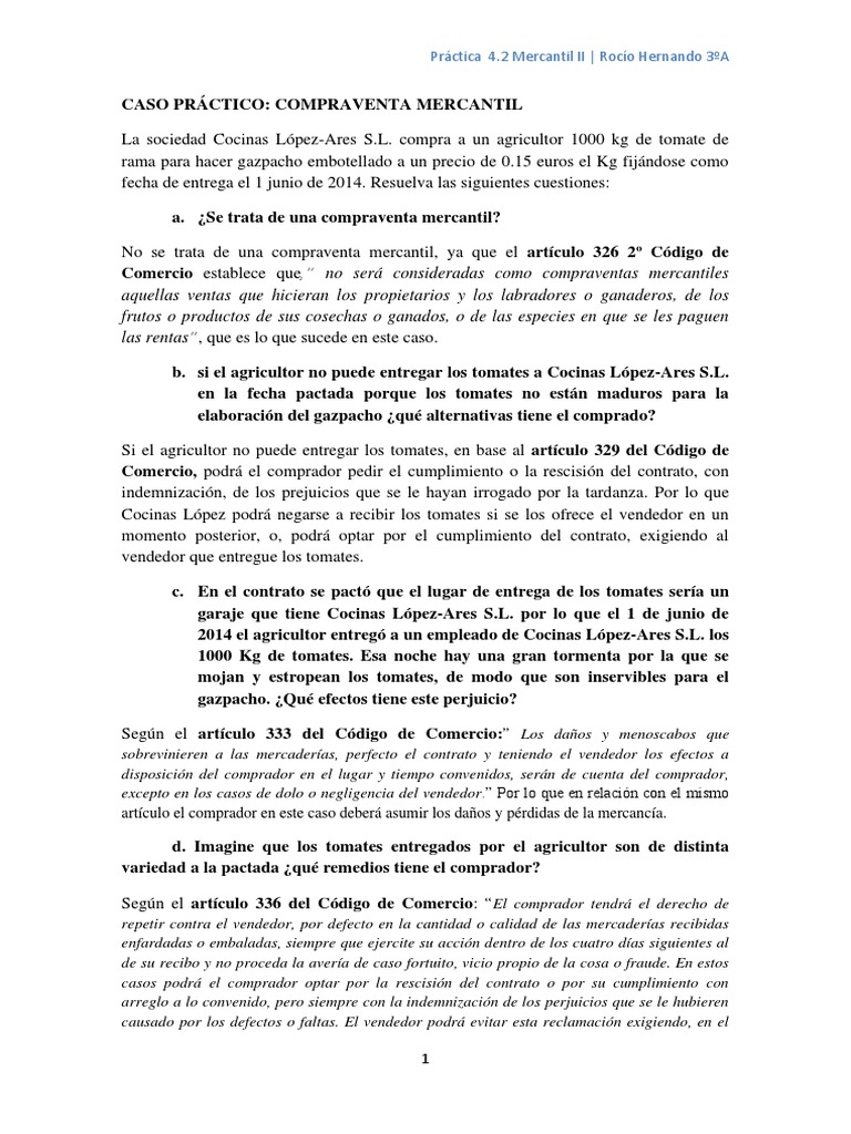 Caso Práctico Compraventa Mercantil | PDF | Derecho empresarial | Ley de obligaciones