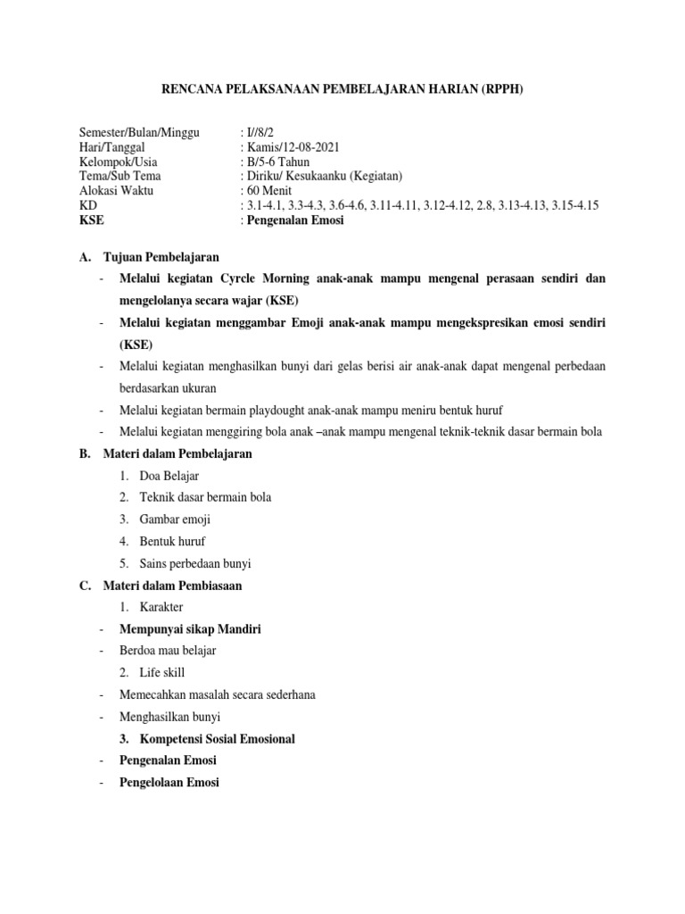 RPPH Tema Diriku: Pengenalan Emosi | PDF